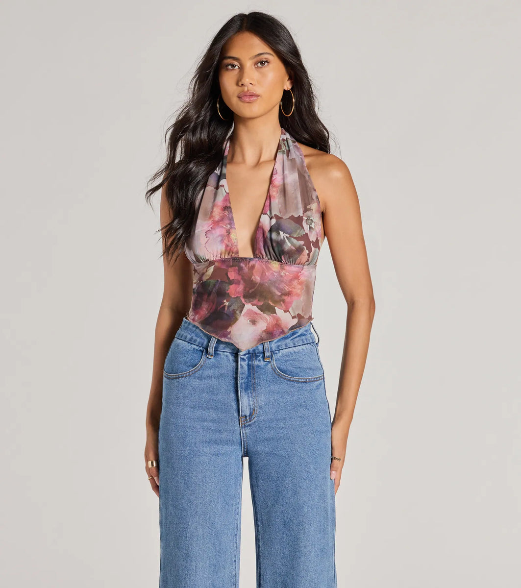 Sultry Impact Halter Abstract Floral Crop Top & Windsor