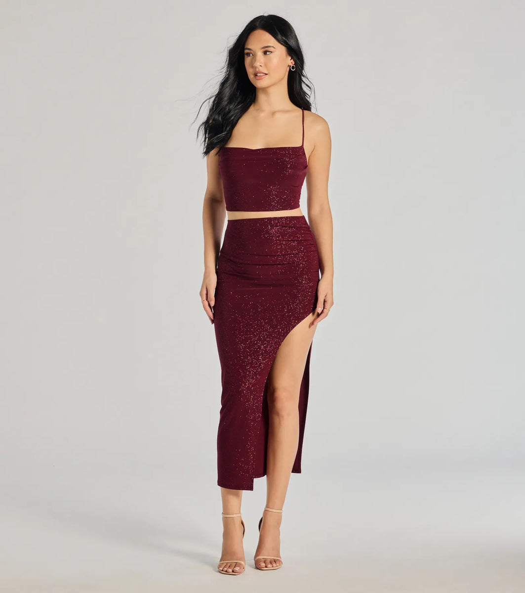 Glitzy Affair Cowl Neck Glitter Crop Top & Windsor