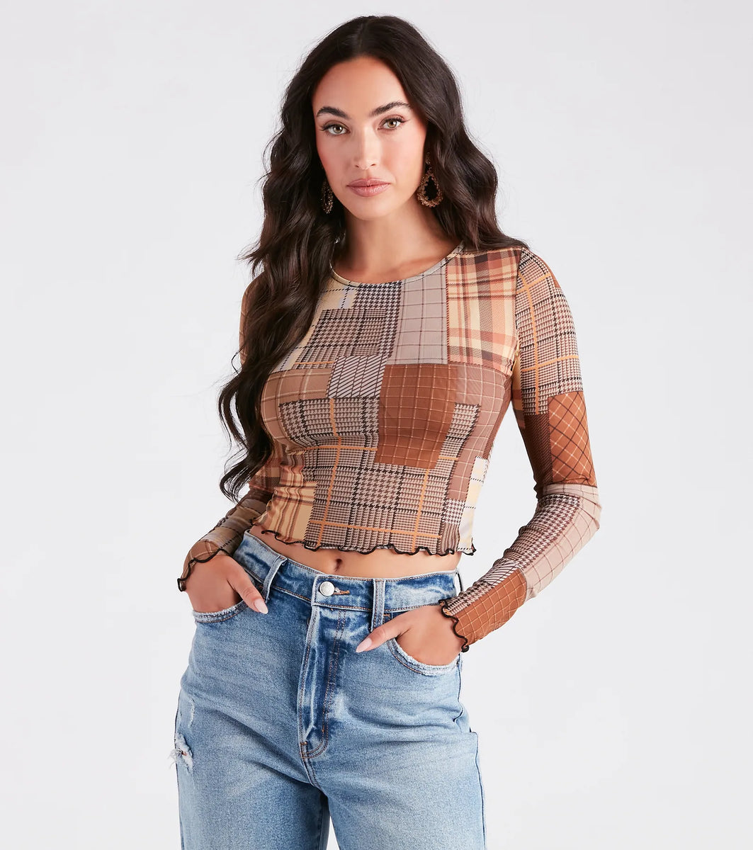 Cutie In Plaid Long Sleeve Mesh Crop Top & Windsor