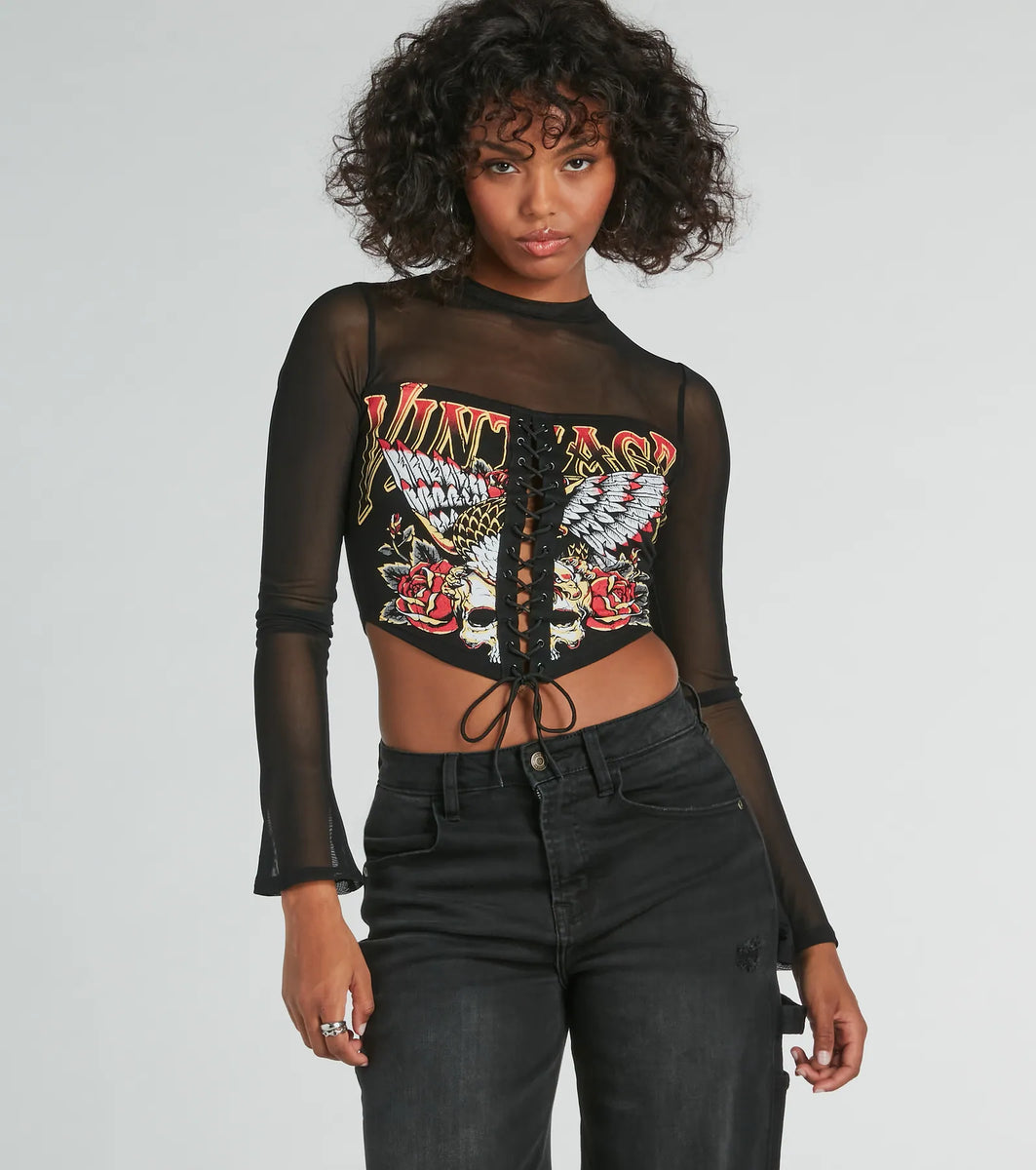 Vintage Lace-Up Mesh Graphic Crop Top & Windsor