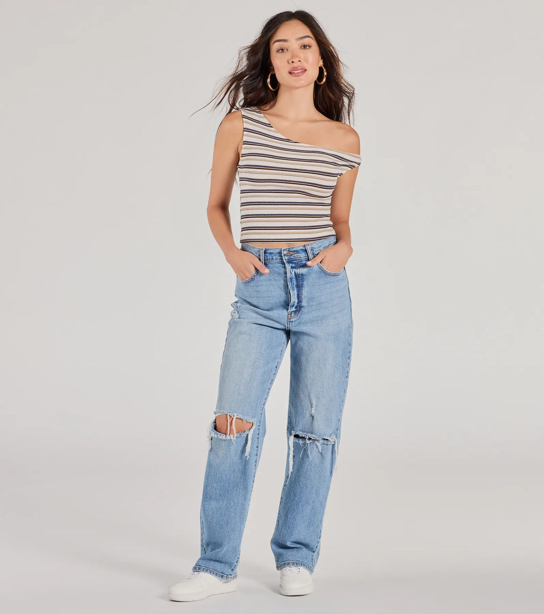 Trendy Twist One-Shoulder Striped Crop Top & Windsor