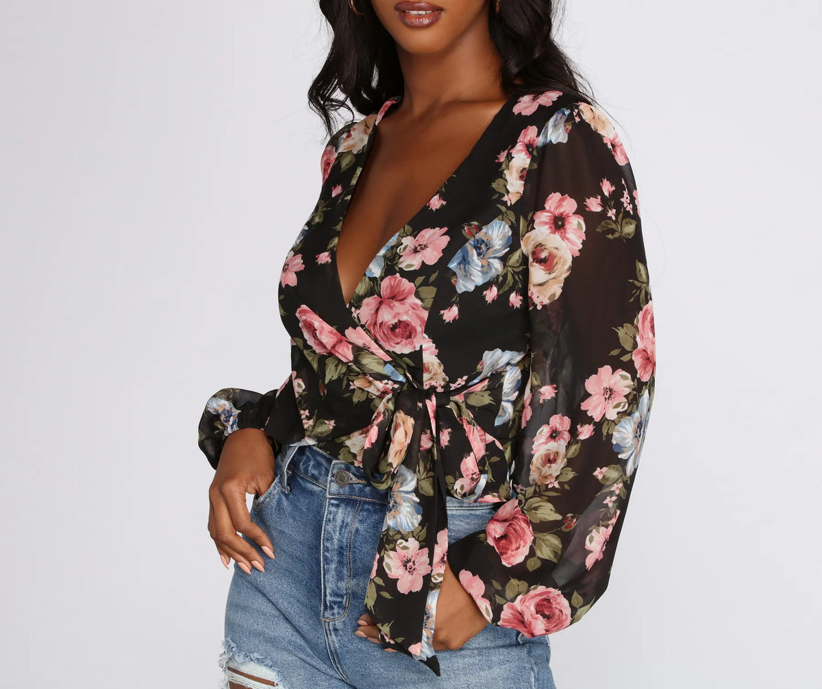Floral Chiffon Wrap Front Blouse & Windsor