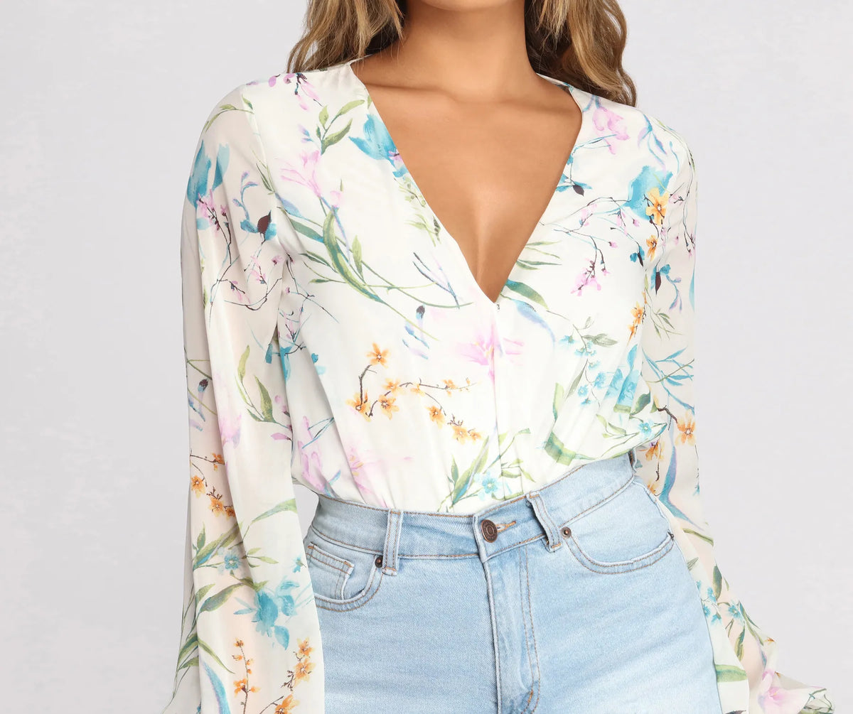 Poised In Petals Floral Chiffon Bodysuit & Windsor