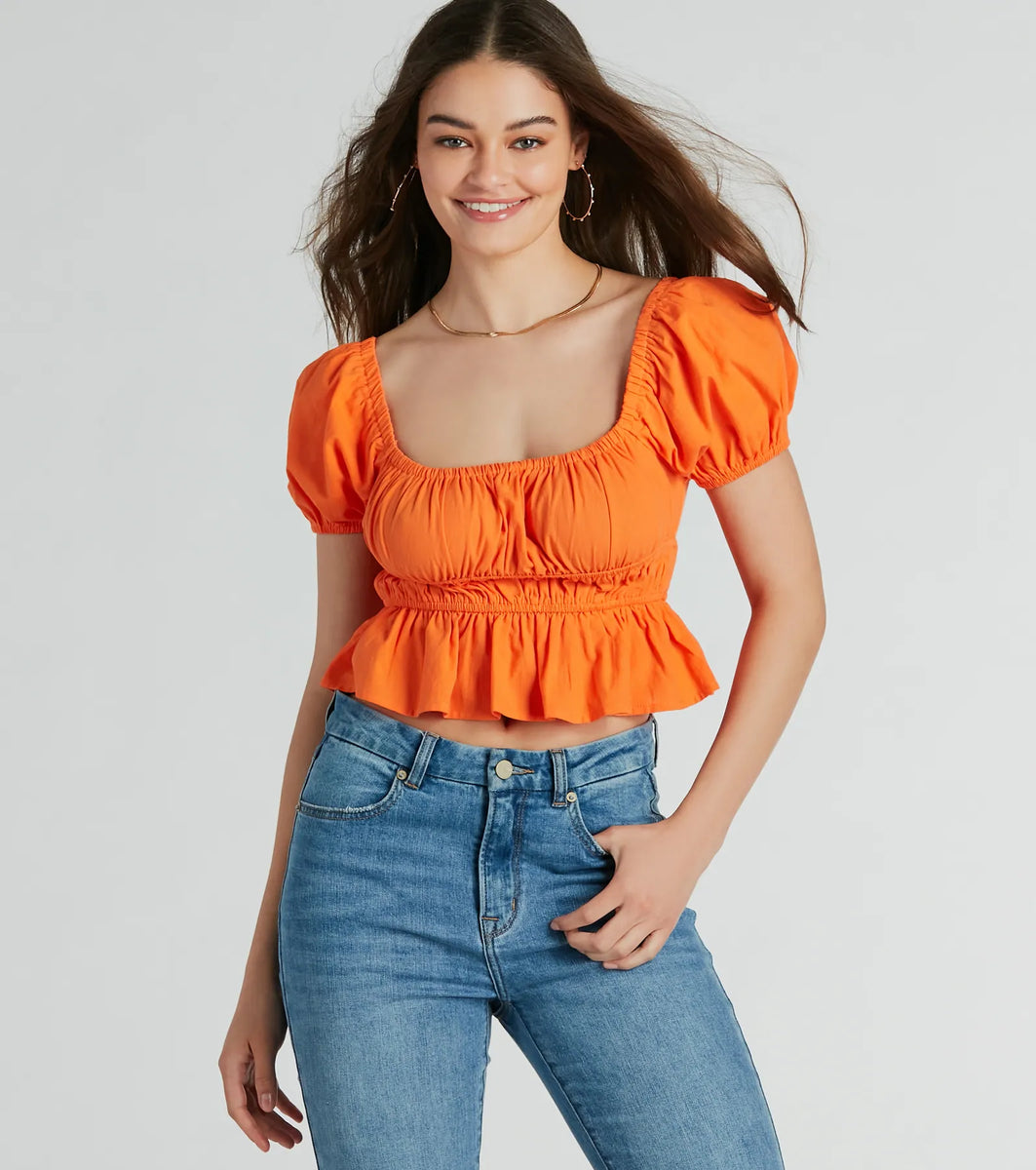 Adoring Looks Puff Sleeve Lace-Up Peplum Crop Top & Windsor