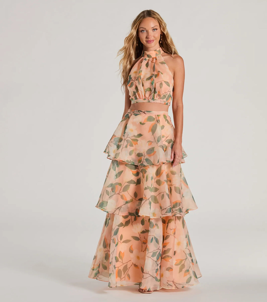 Gorgeous Perfection Halter Floral Chiffon Crop Top & Windsor