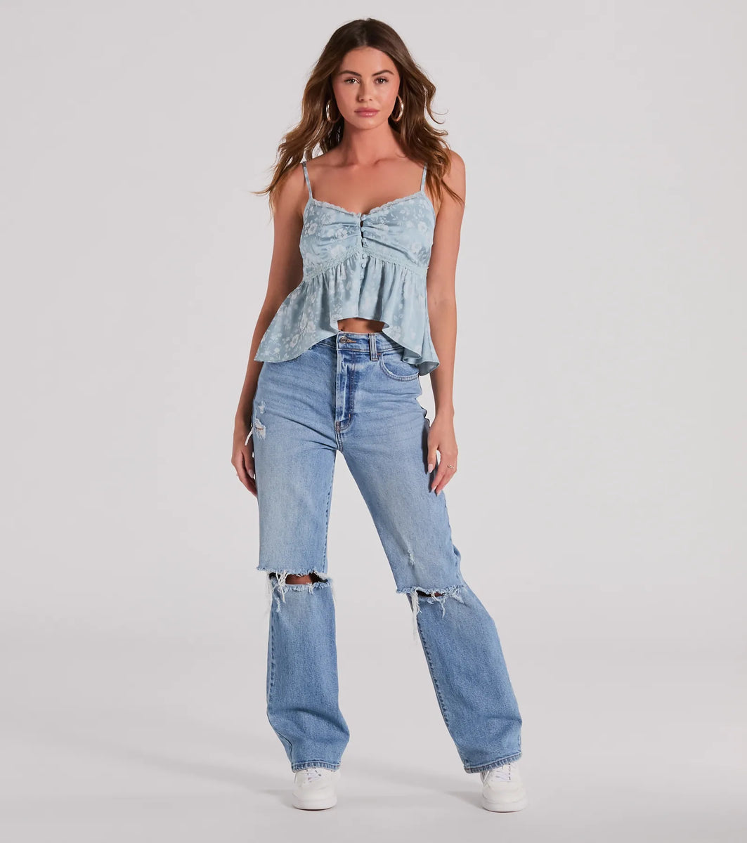 Charming And Sweet Button Down Floral Satin Crop Top & Windsor