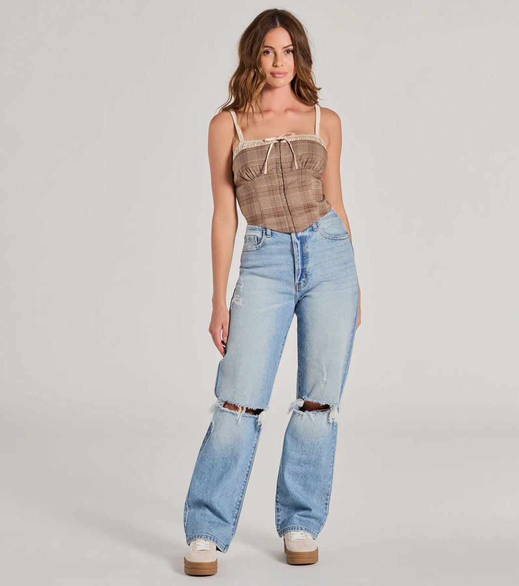 Pristine Classic Satin Trim Plaid Corset Crop Top & Windsor