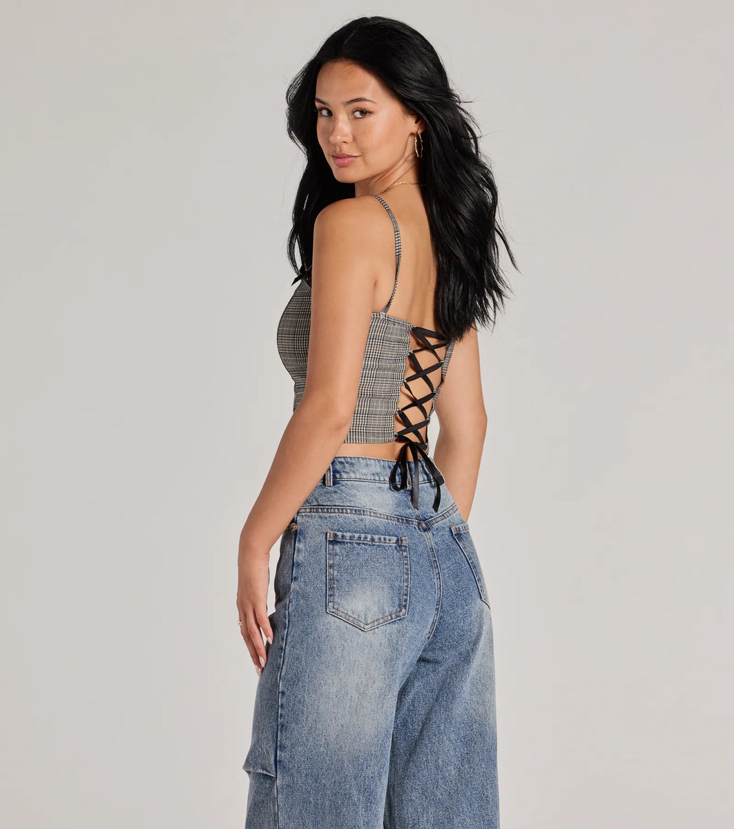 Preppy Vibe Lace-Up Plaid Corset Top & Windsor