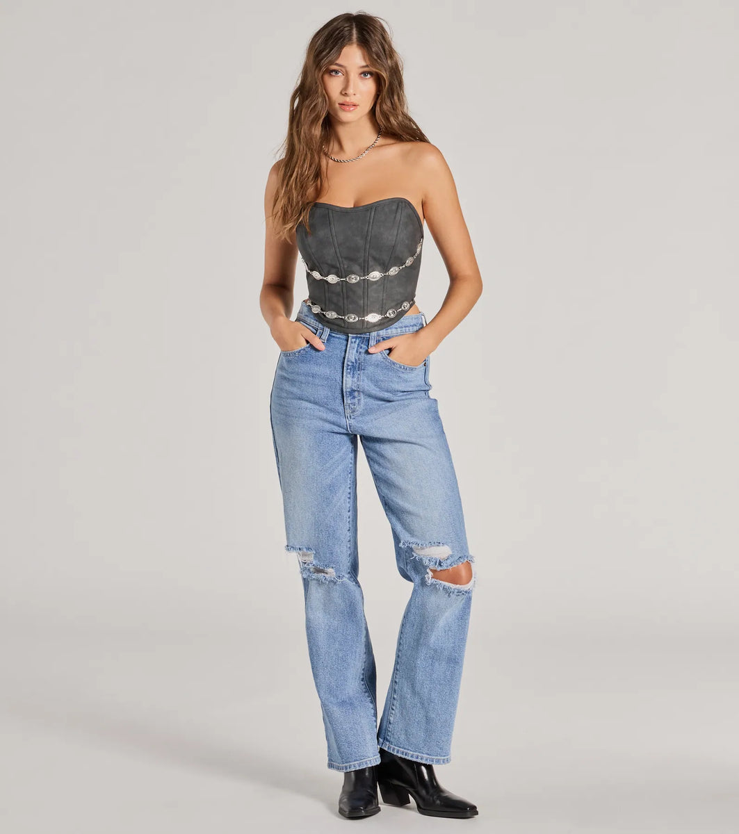 Trendy Chain Trim Faux Leather Corset Top & Windsor