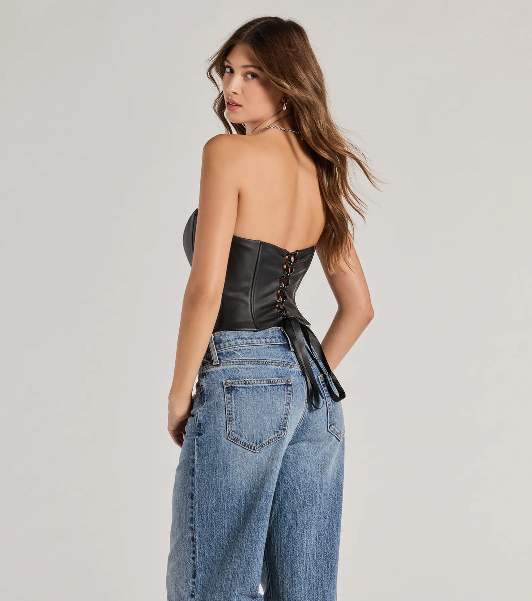 Level Up Sleek Faux Leather Strapless Corset Top & Windsor