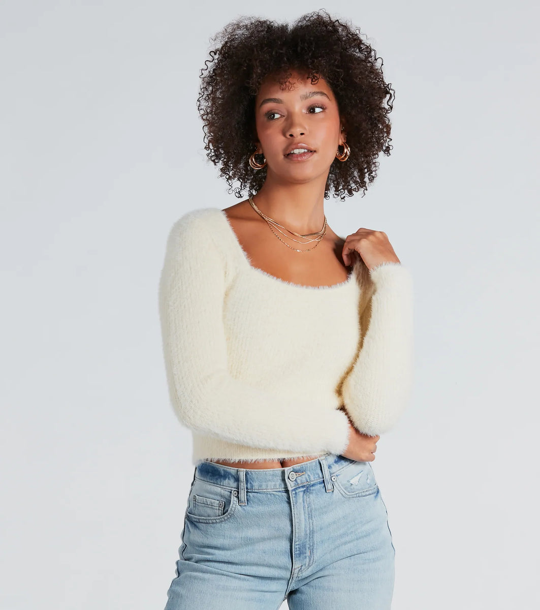 Cuddle Up Eyelash Knit Scoop Neck Crop Sweater & Windsor