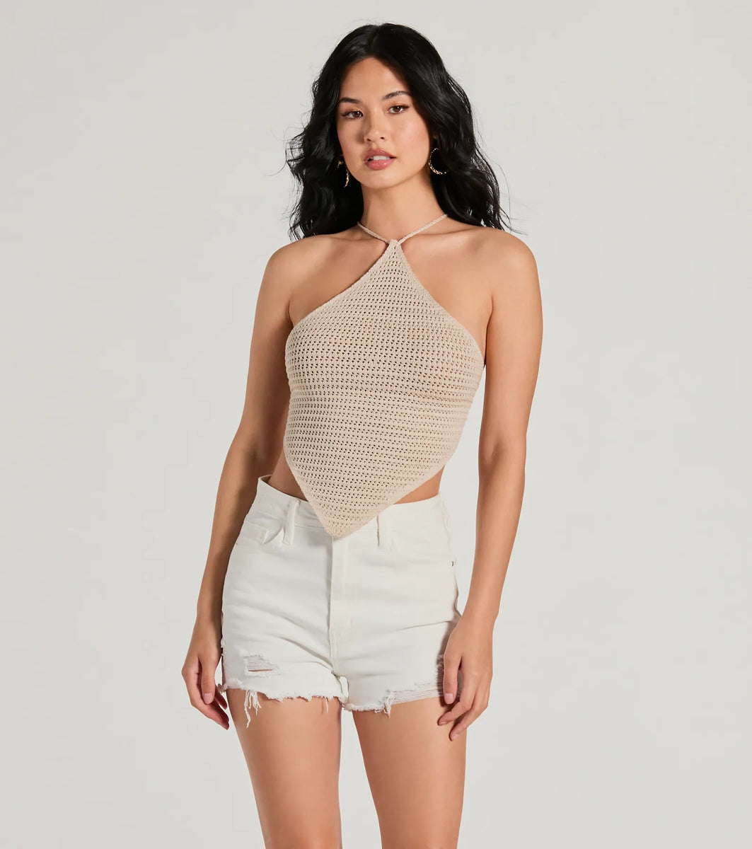 Boho Style Crochet Hanky Hem Halter Top & Windsor