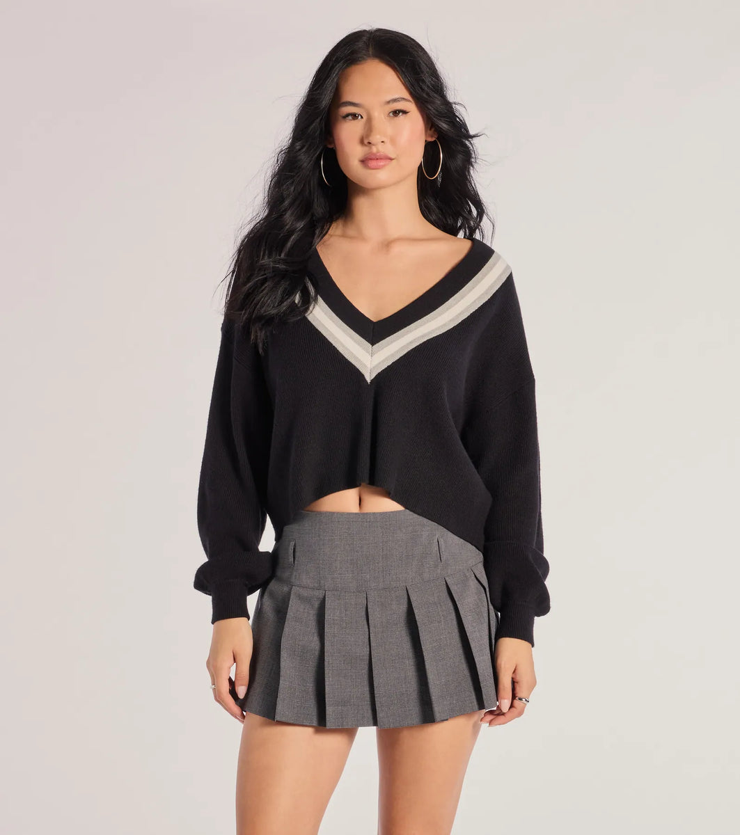 Preppy Impression Striped V-Neck Sweater Crop Top & Windsor