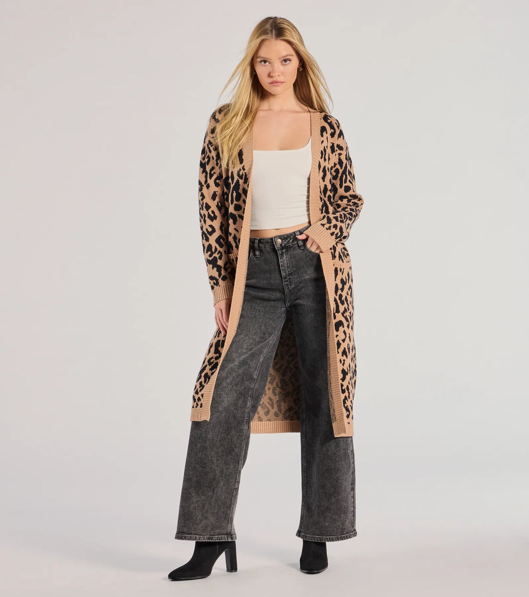 Fierce Vibes Leopard Print Long Sleeve Knit Duster & Windsor