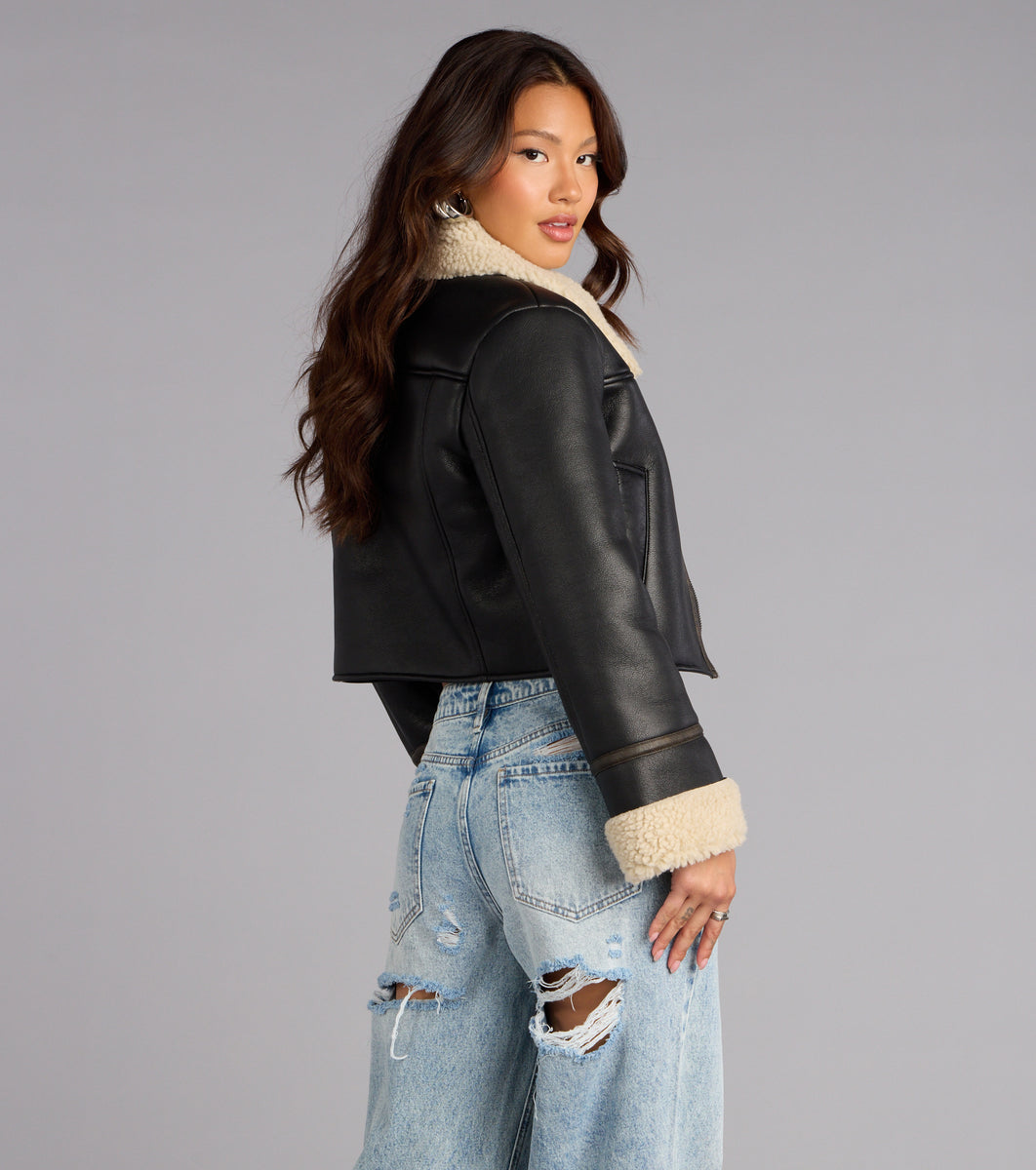 Downtown Girl Faux Leather Sherpa Crop Jacket & Windsor