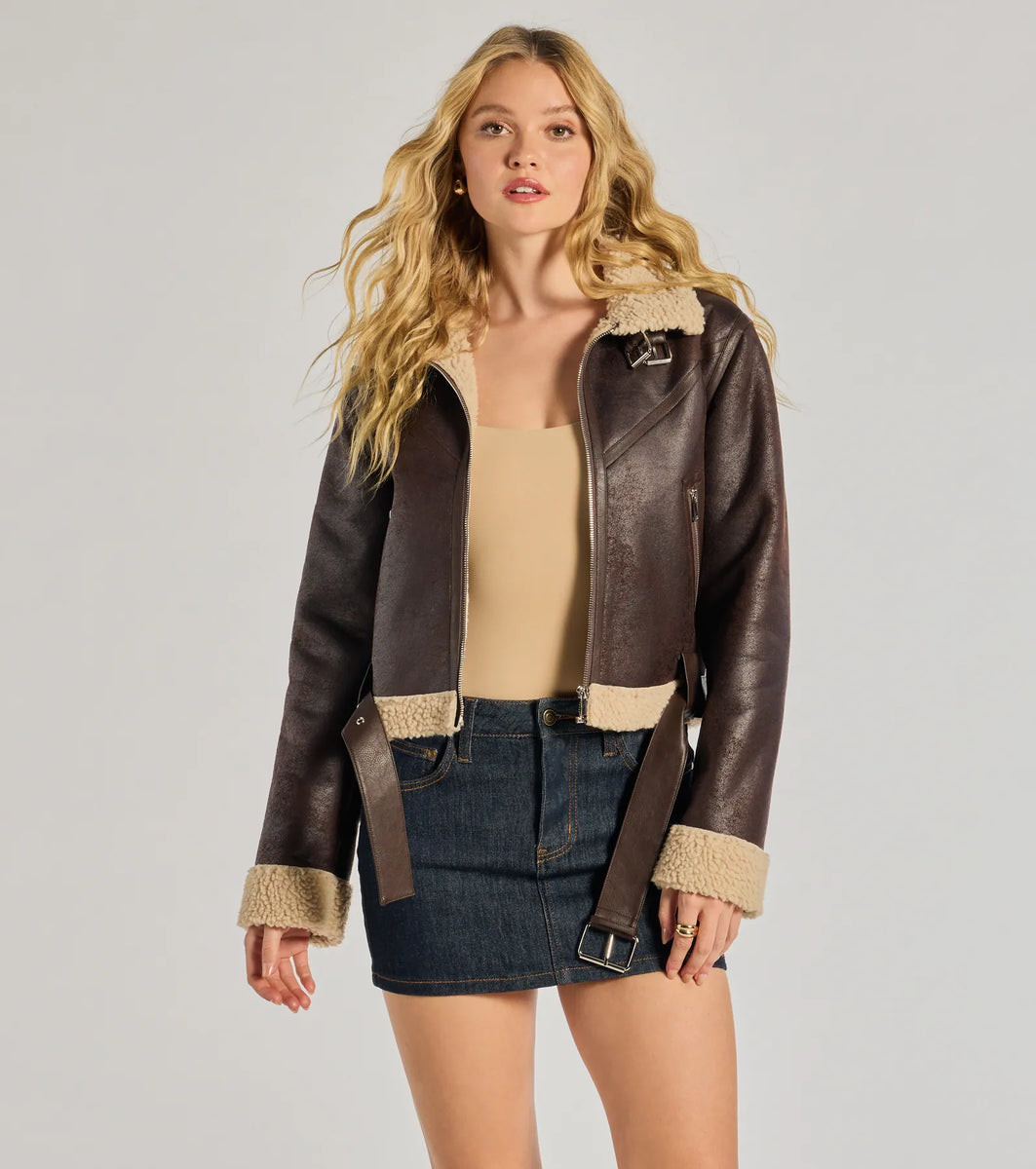 Cozy Sleek Faux Shearling Trim Moto Jacket & Windsor