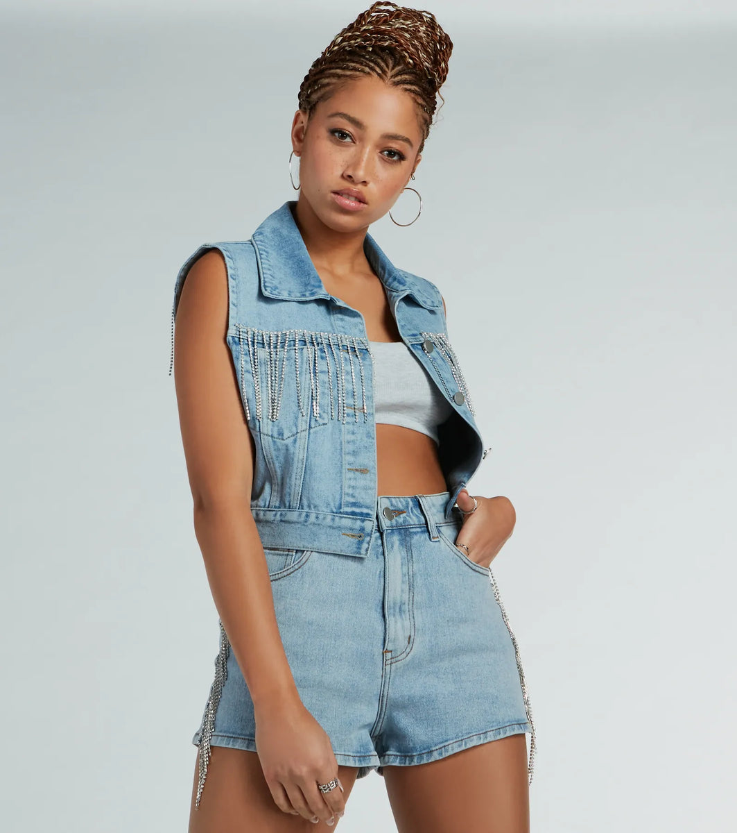 Country Glamour Rhinestone Fringe Denim Vest & Windsor