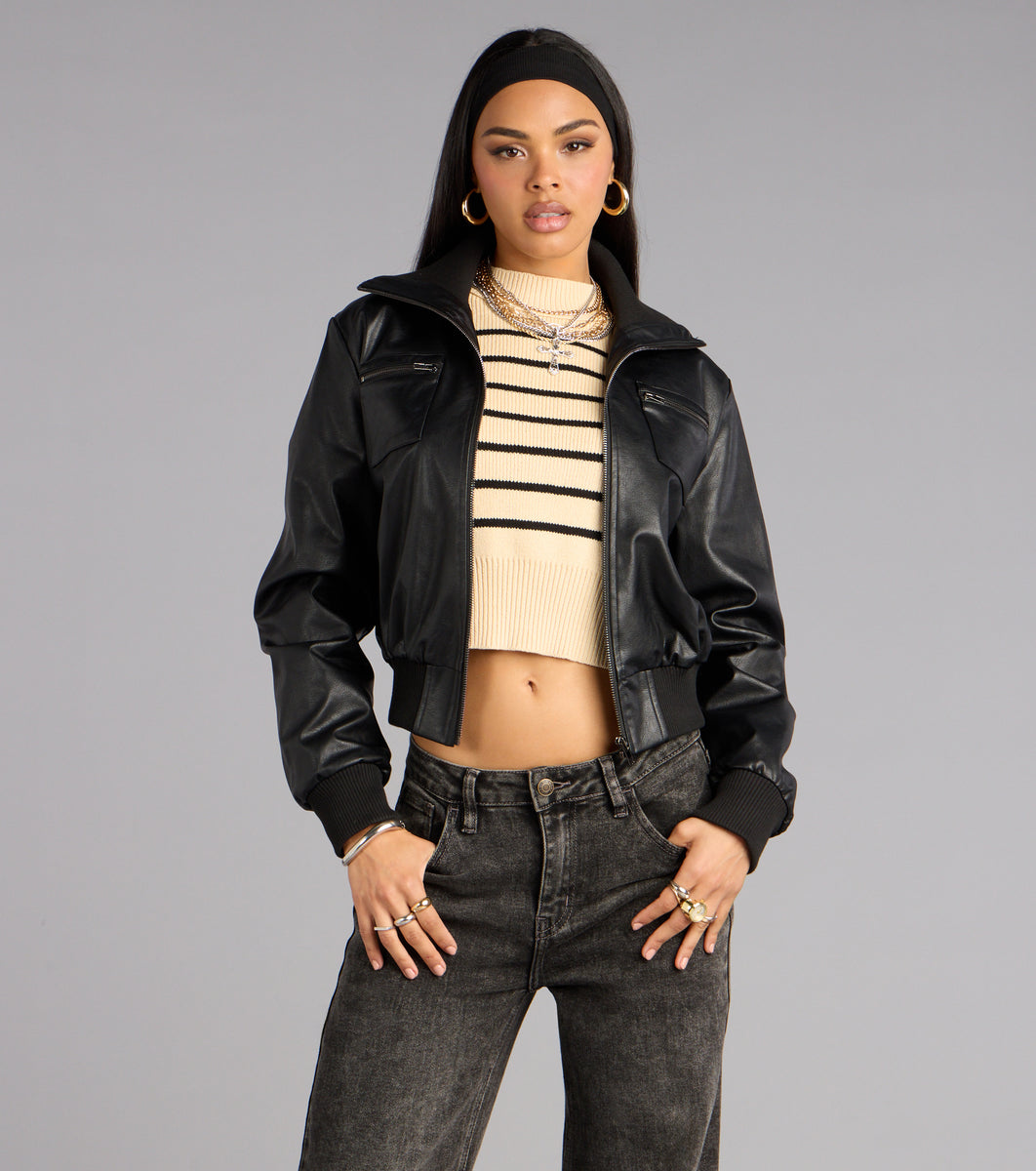 Cool Intentions Faux Leather Bomber Jacket & Windsor