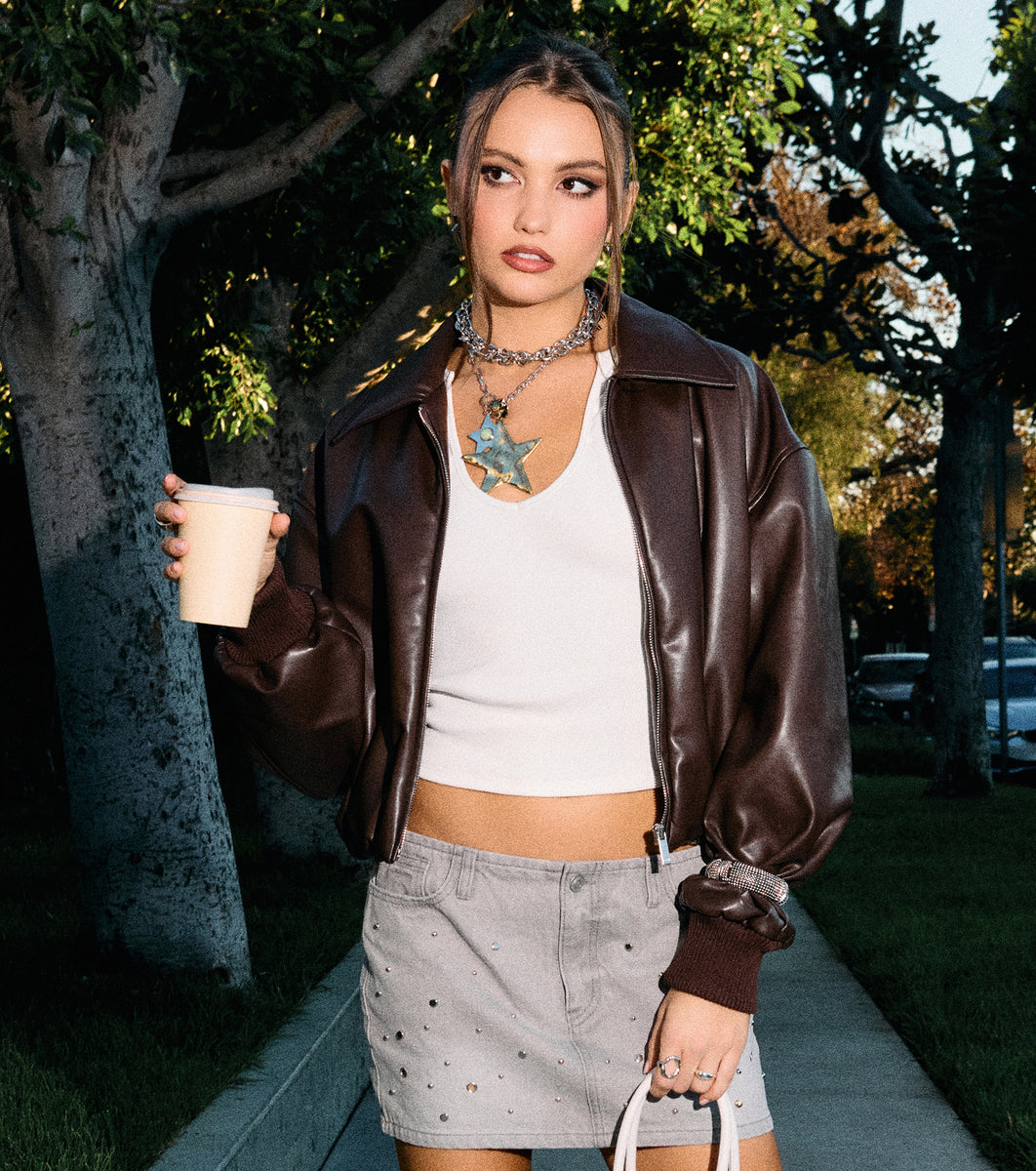 Effortless Edge Faux Leather Bomber Jacket & Windsor