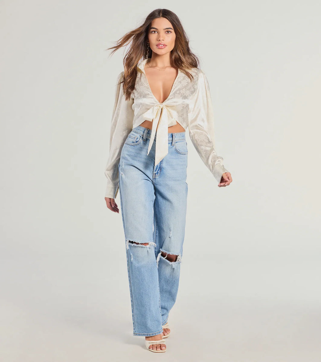 Luxe Demure Tie-Front Satin Crop Top & Windsor