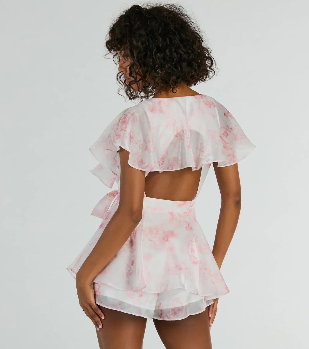 Dreamy Escape Ruffled Rose Floral Organza Romper & Windsor