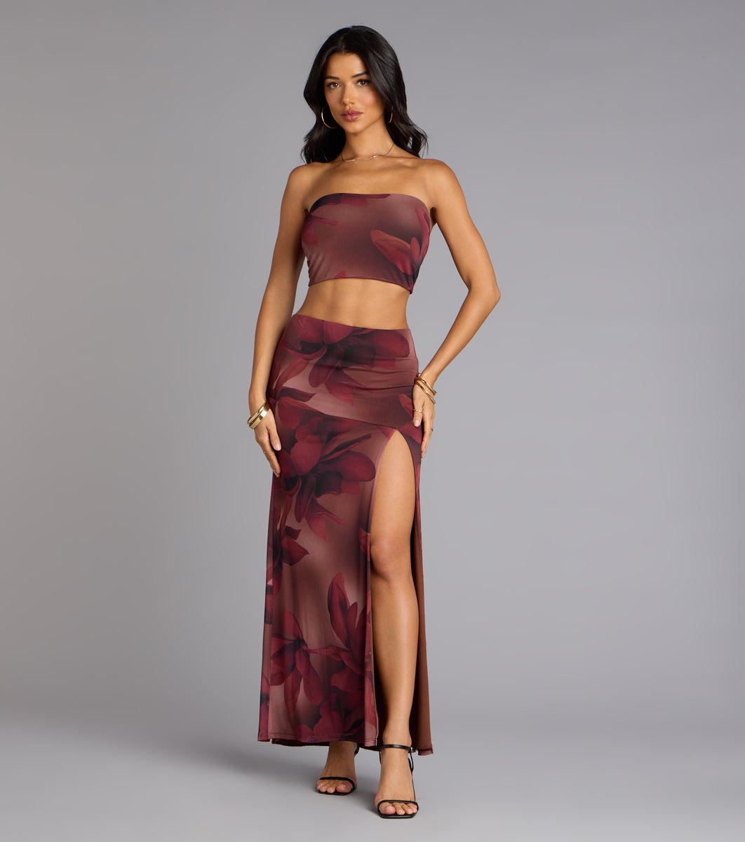 Blooming Allure Floral Mesh High-Slit Maxi Skirt & Windsor