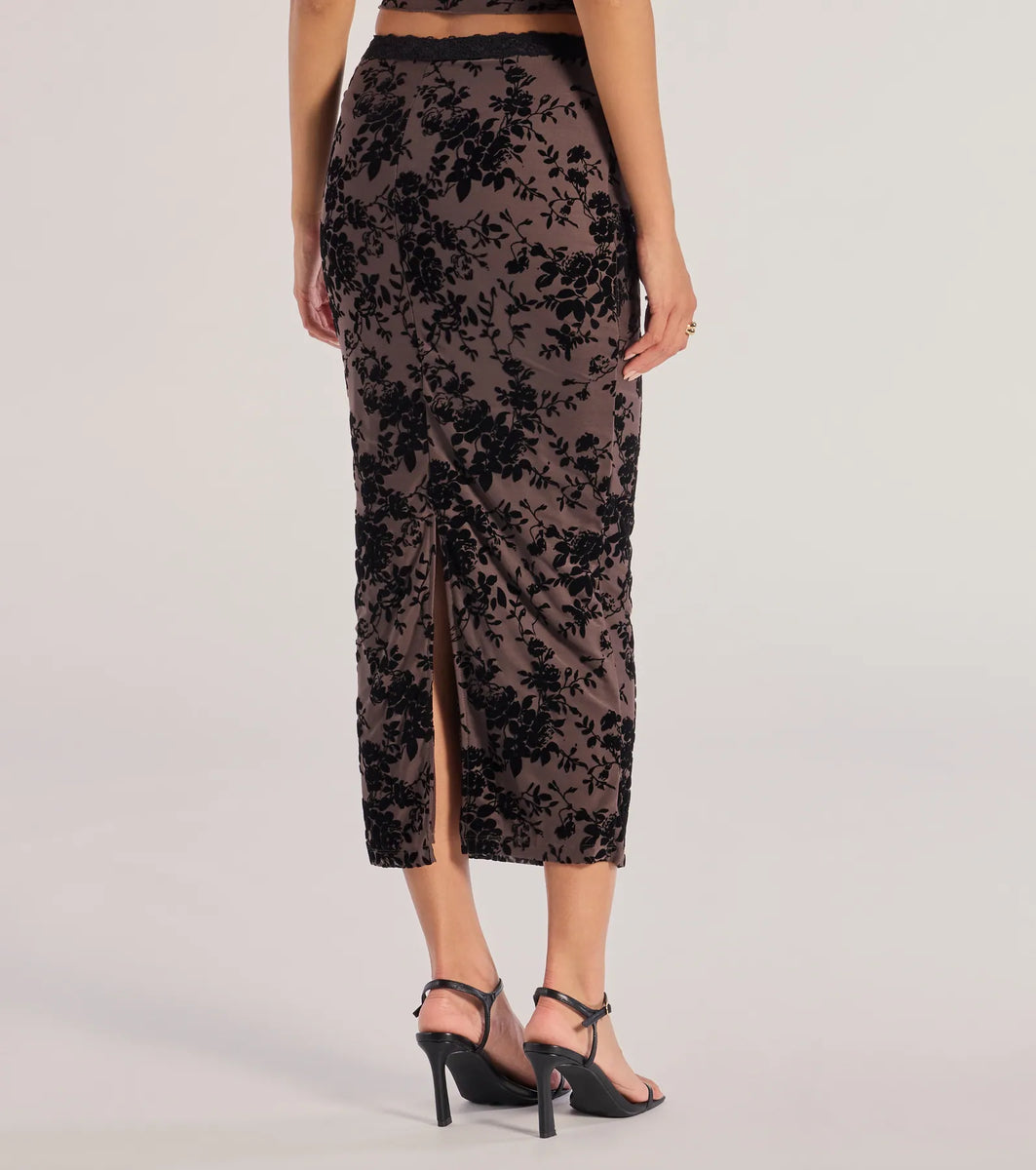 Luxe Touch Flocked Velvet Midi Skirt & Windsor