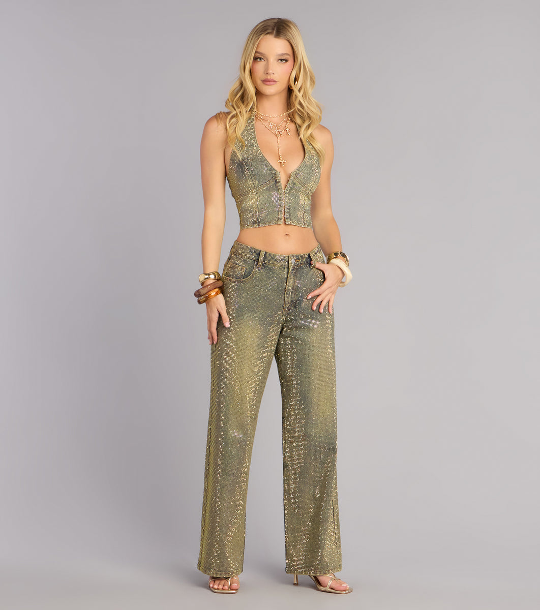 Glam Moment Rhinestone Denim Straight-Leg Jeans & Windsor