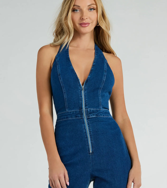 Coolest In Town Halter Zip-Up Flare Denim Jumpsuit | Windsor Coolest In Town Halter Zip-Up Flare Denim Jumpsuit | Windsor