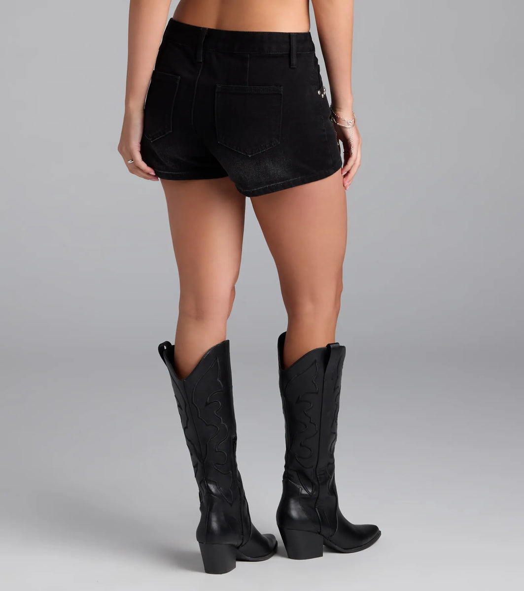 Edgy Girlie Mid-Rise Studded Denim Skort & Windsor