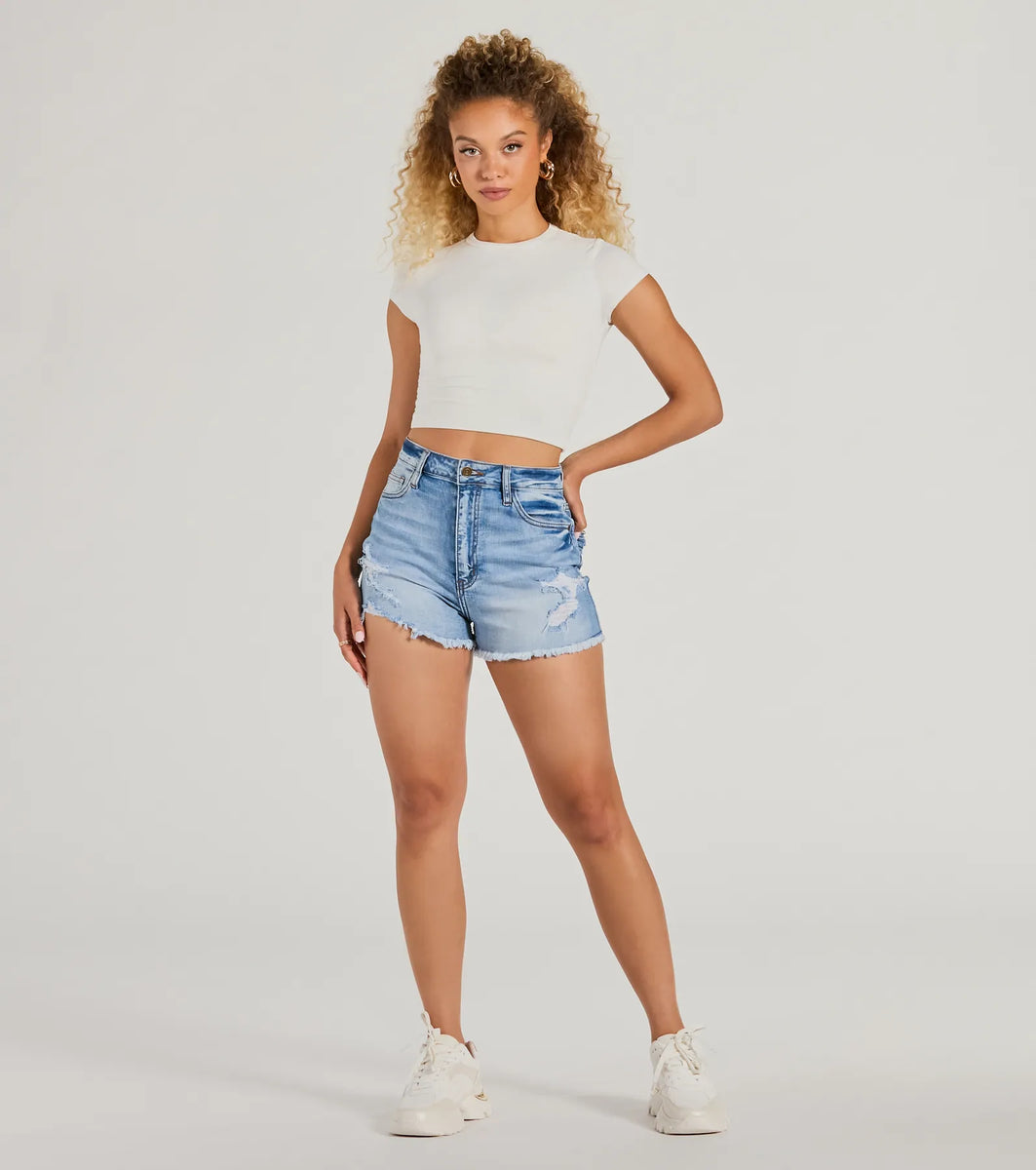 Trendy Distressed High Waist Cut-Off Denim Shorts & Windsor