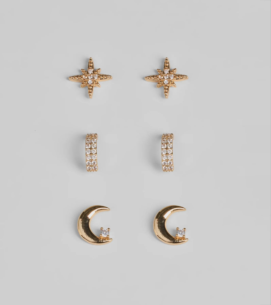 Celestial Glam Three-Pack Stud Earrings Set & Windsor