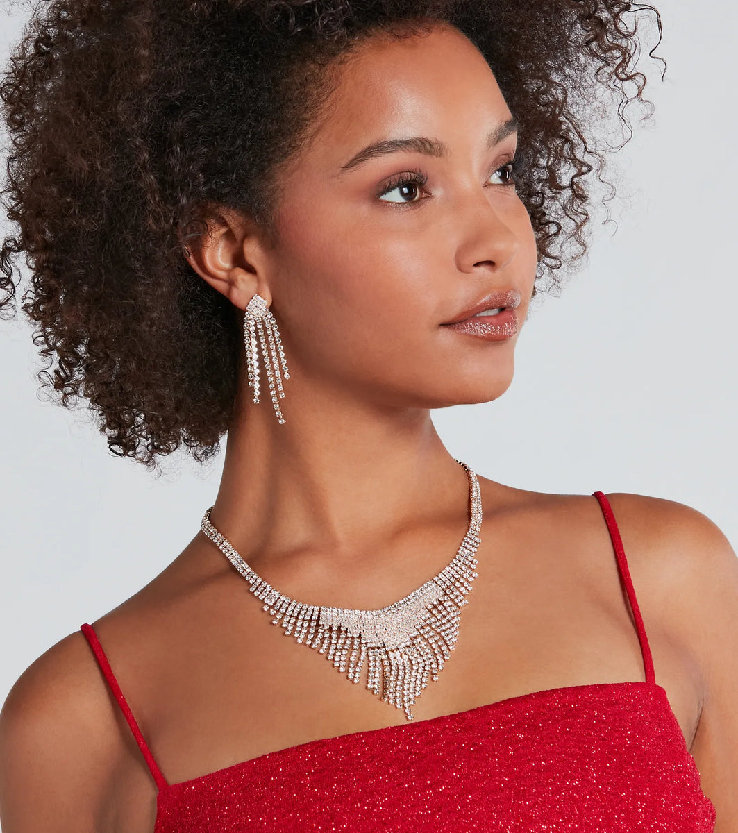 Level Up The Glitz Rhinestone Fringe Necklace And Earrings Set & Windsor