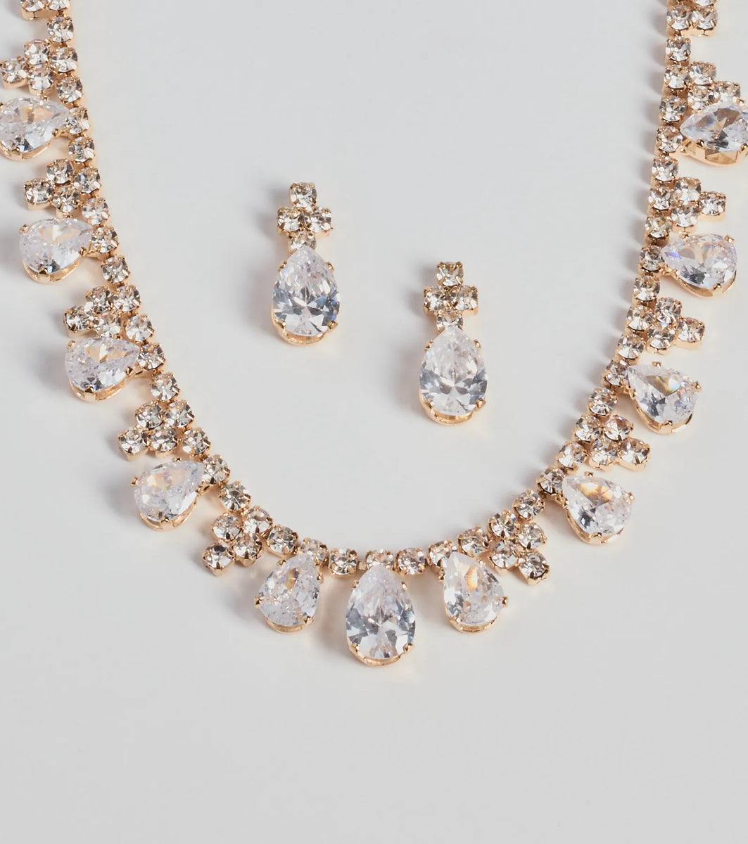 Glitzy Teardrop Rhinestone Necklace And Earrings Set & Windsor