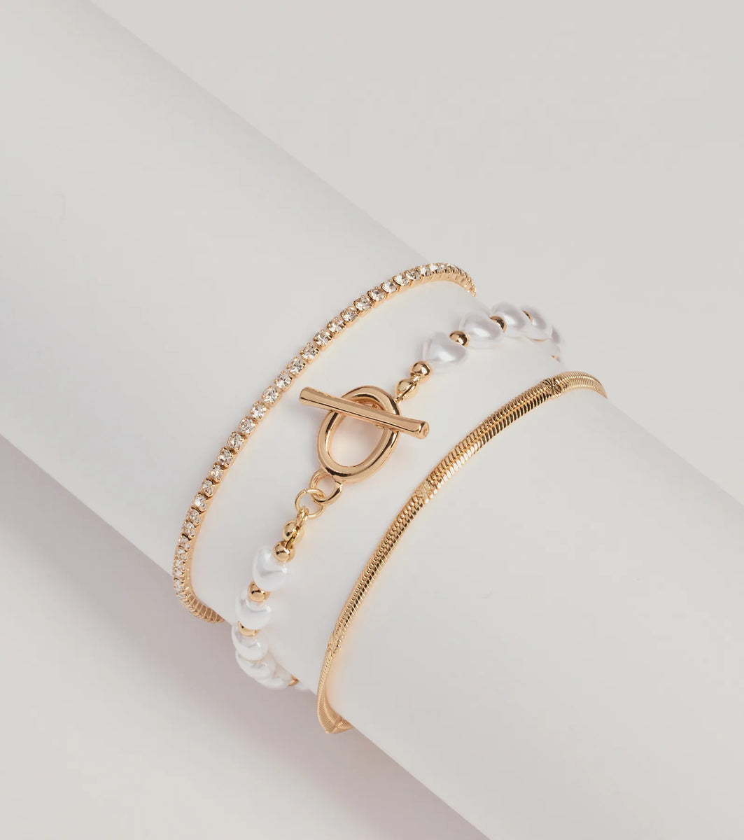 Dainty Chic Faux Pearl And Rhinestone Three-Pack Bracelet Set & Windsor