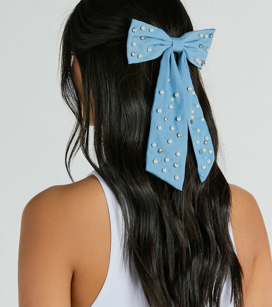 Finishing Look Faux Pearl Denim Hair Bow Barrette & Windsor