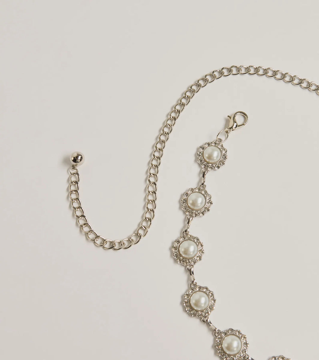 Elevated Chic Rhinestone And Faux Pearl Chain Belt & Windsor