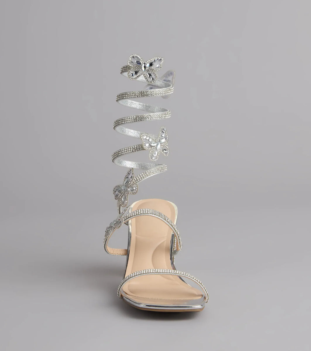 Flutter Up Rhinestone Spiral Strap Heels & Windsor