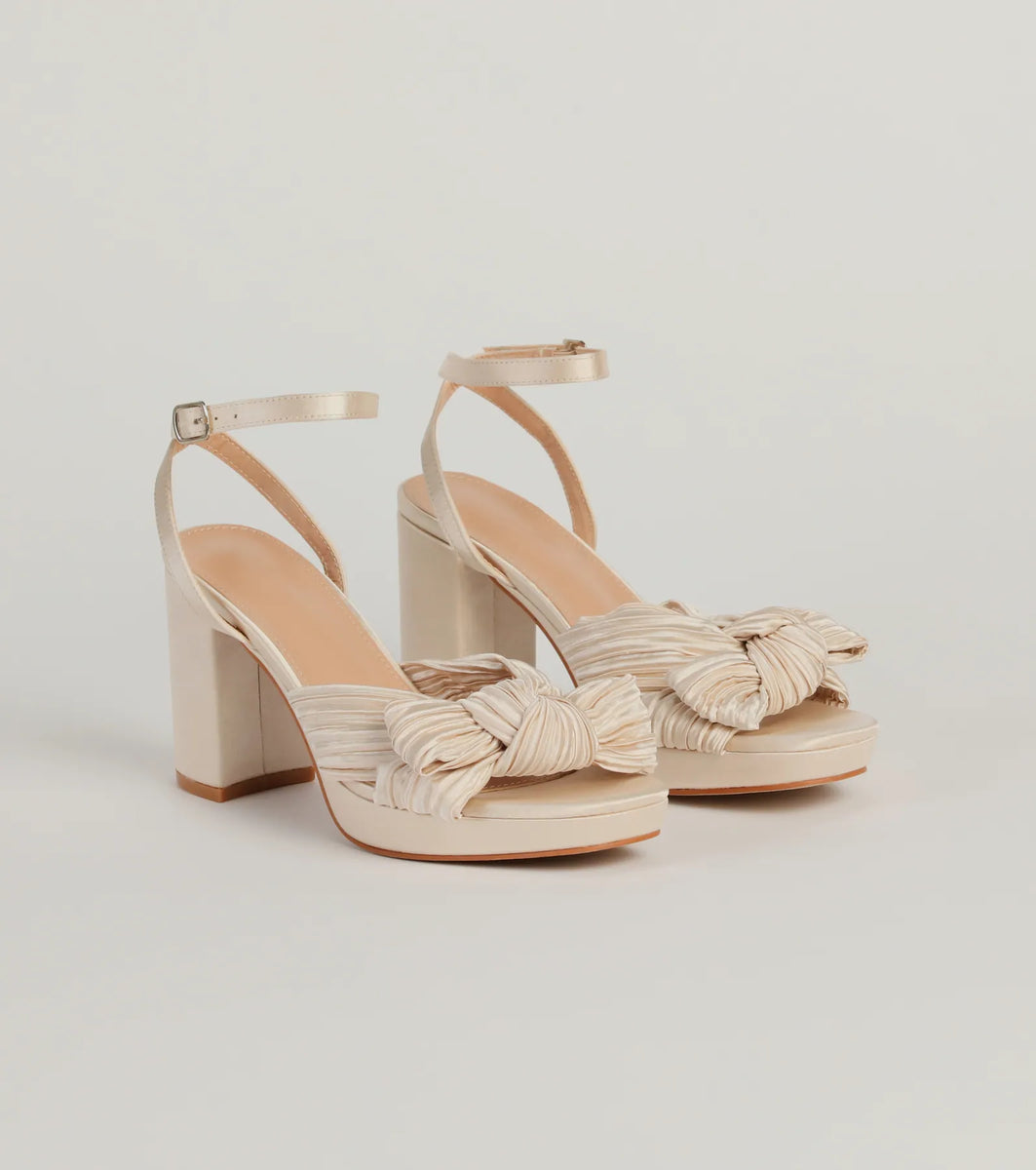 Elegance Served Satin Pleated Bow Block Heels & Windsor