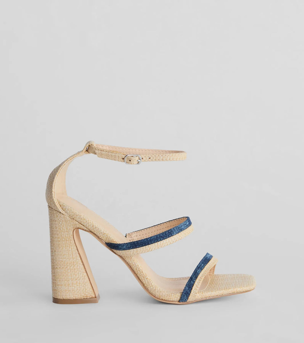 Sunshine Check Strappy Straw Denim Block Heels & Windsor