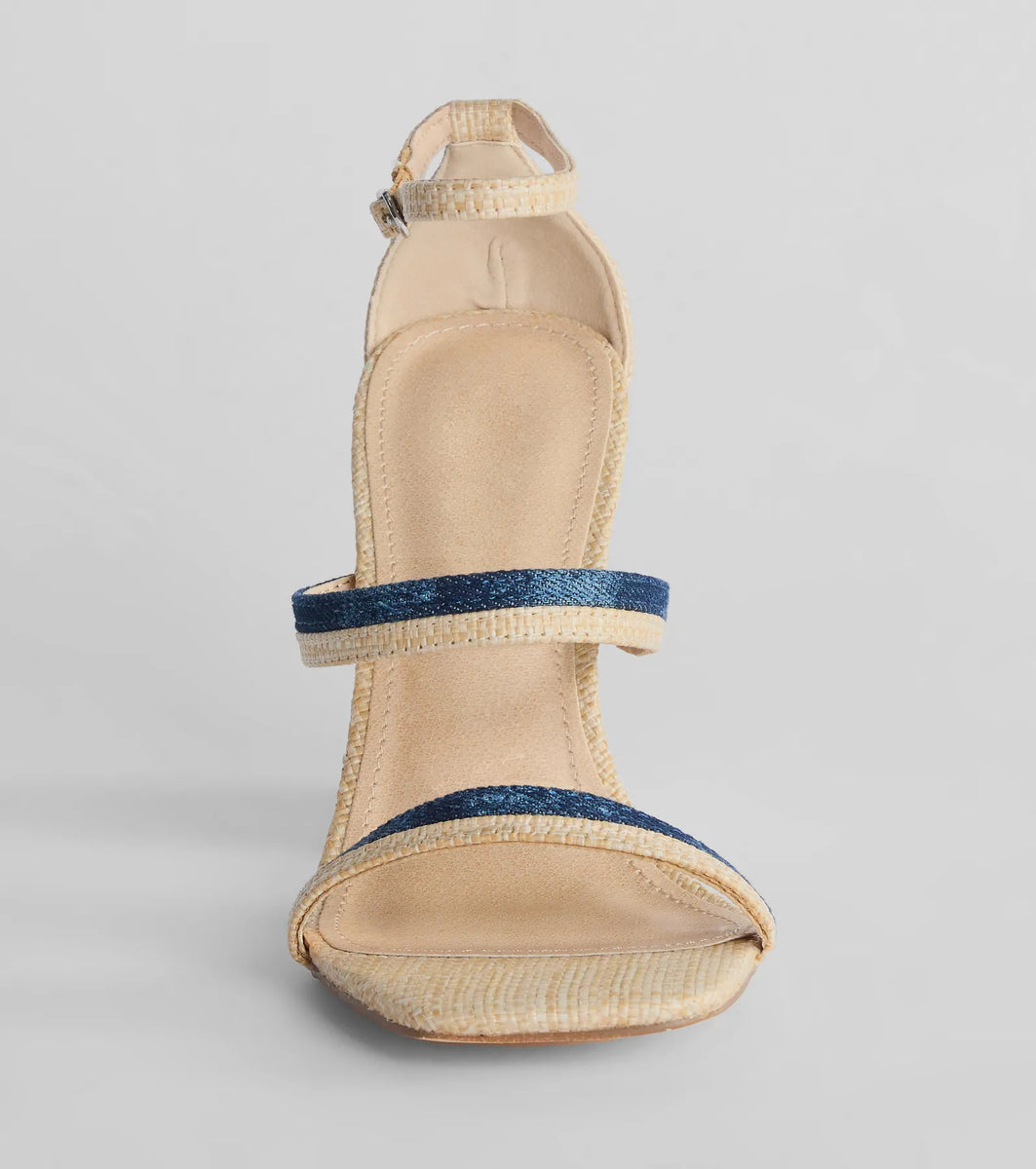 Sunshine Check Strappy Straw Denim Block Heels & Windsor