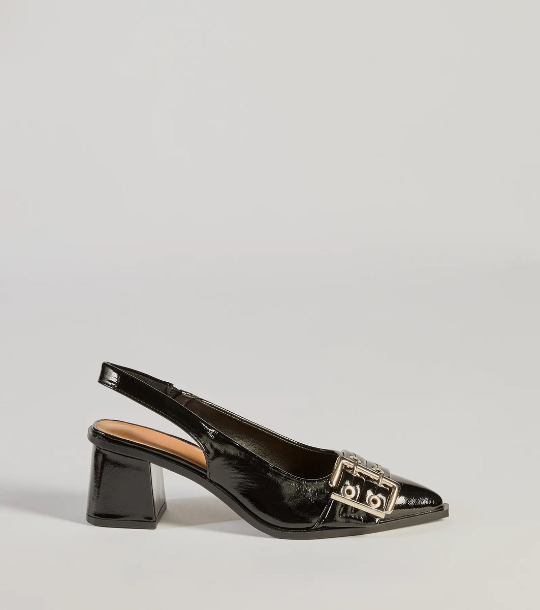 Edgy Glam Faux Patent Leather Slingback Buckle Pumps & Windsor