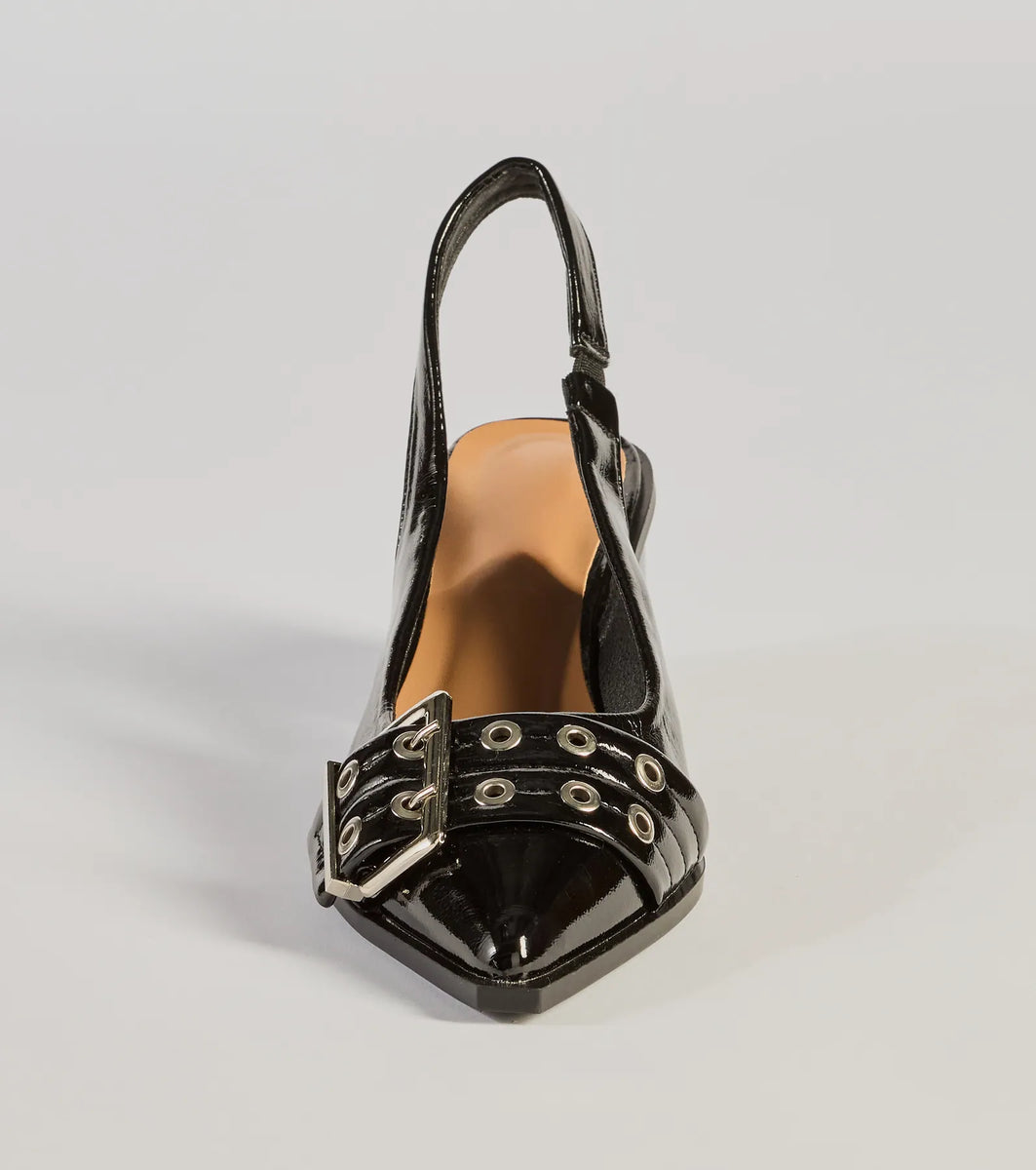 Edgy Glam Faux Patent Leather Slingback Buckle Pumps & Windsor