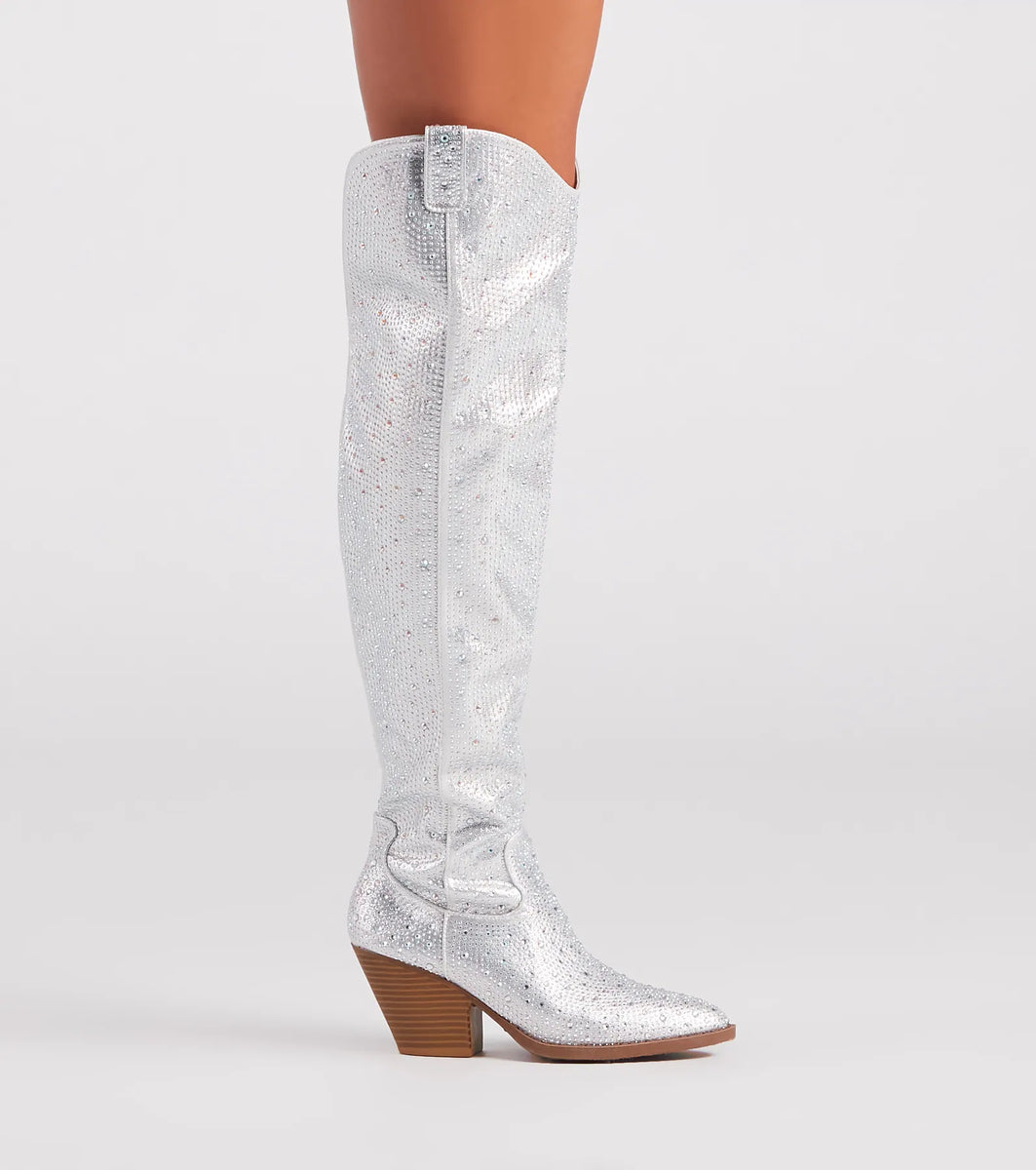 Fearlessly-Chic Rhinestone Thigh-High Cowboy Boots & Windsor