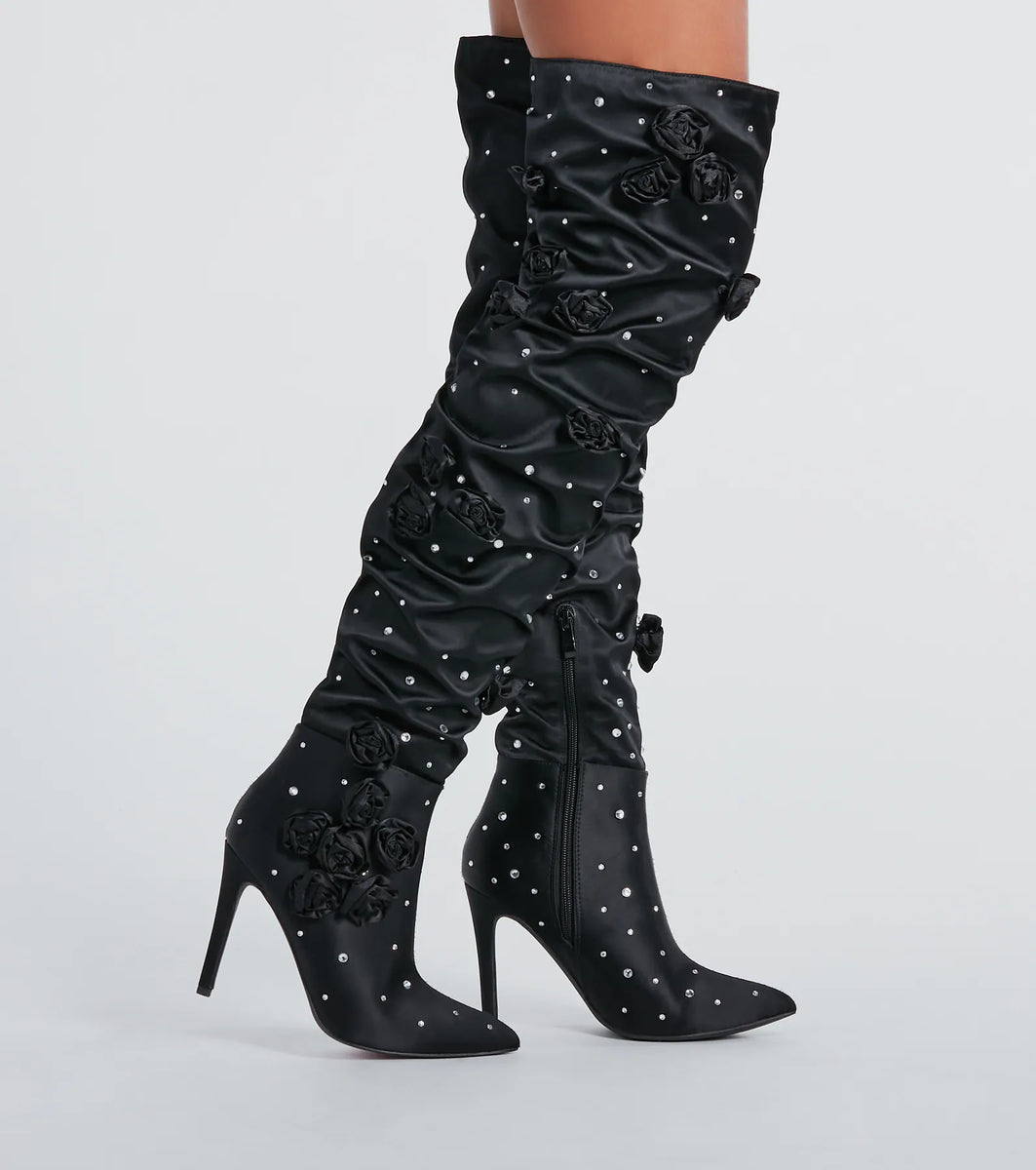 Dramatic Blooms Rosette Rhinestone Thigh-High Boots & Windsor