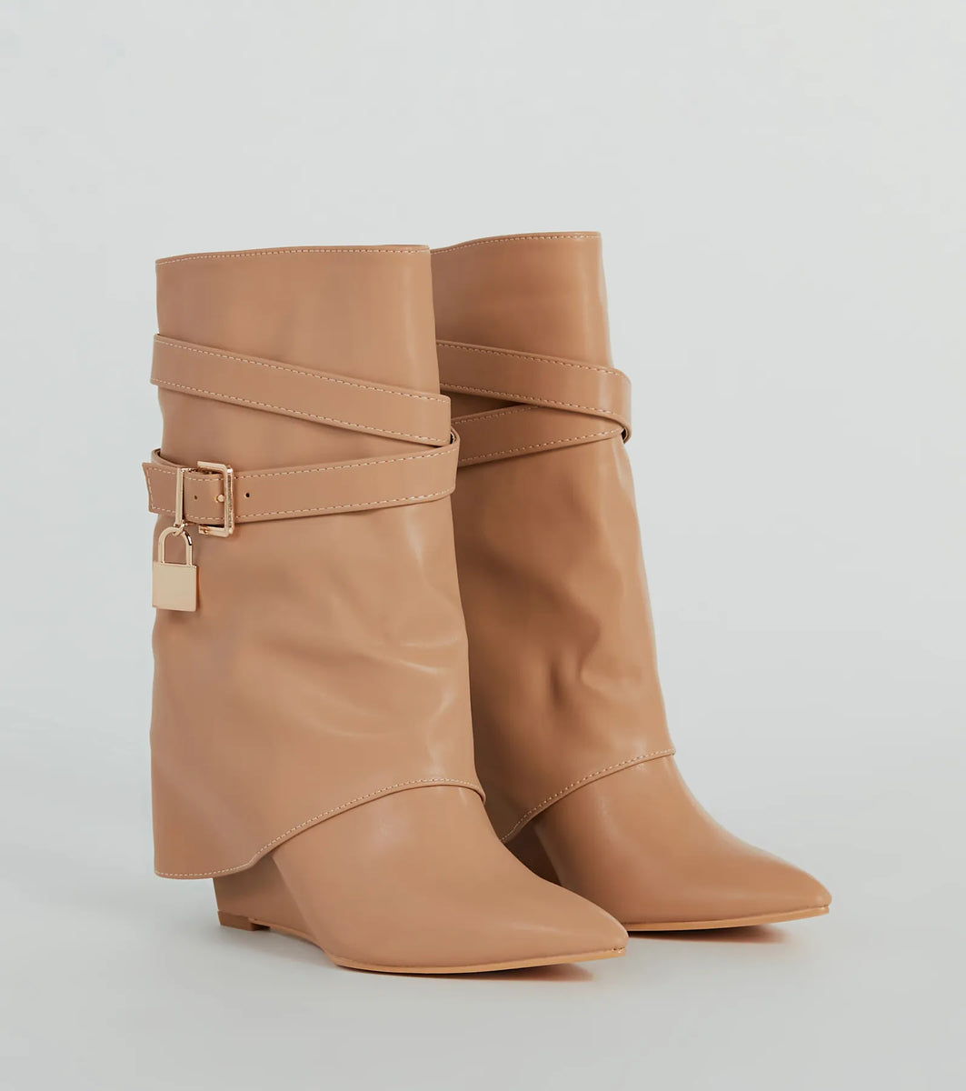 Lock And Key Foldover Wedge Faux Leather Boots & Windsor