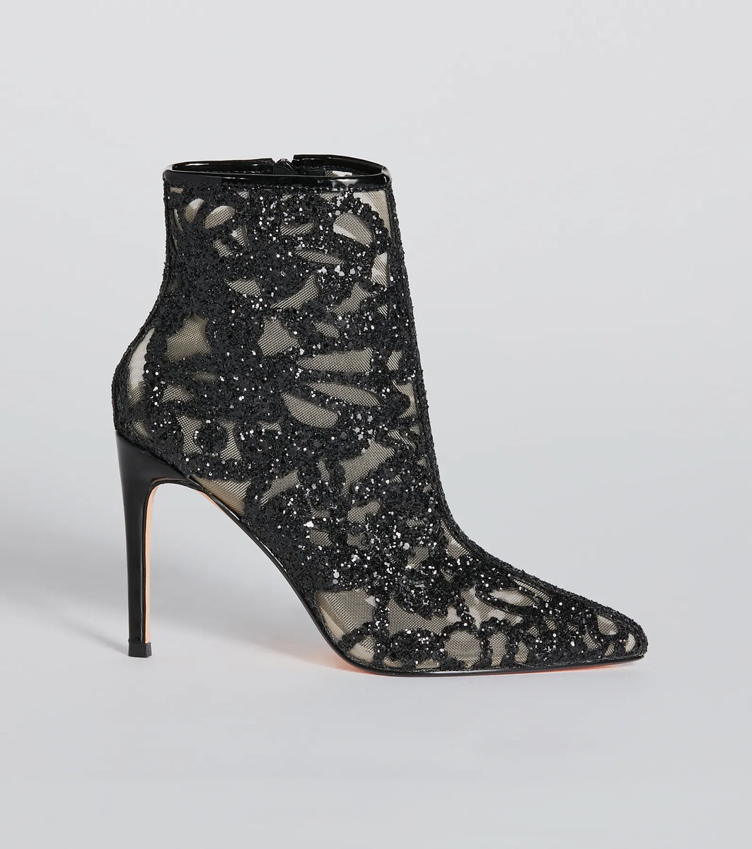 Glamorous Energy Glitter Mesh Stiletto Booties & Windsor