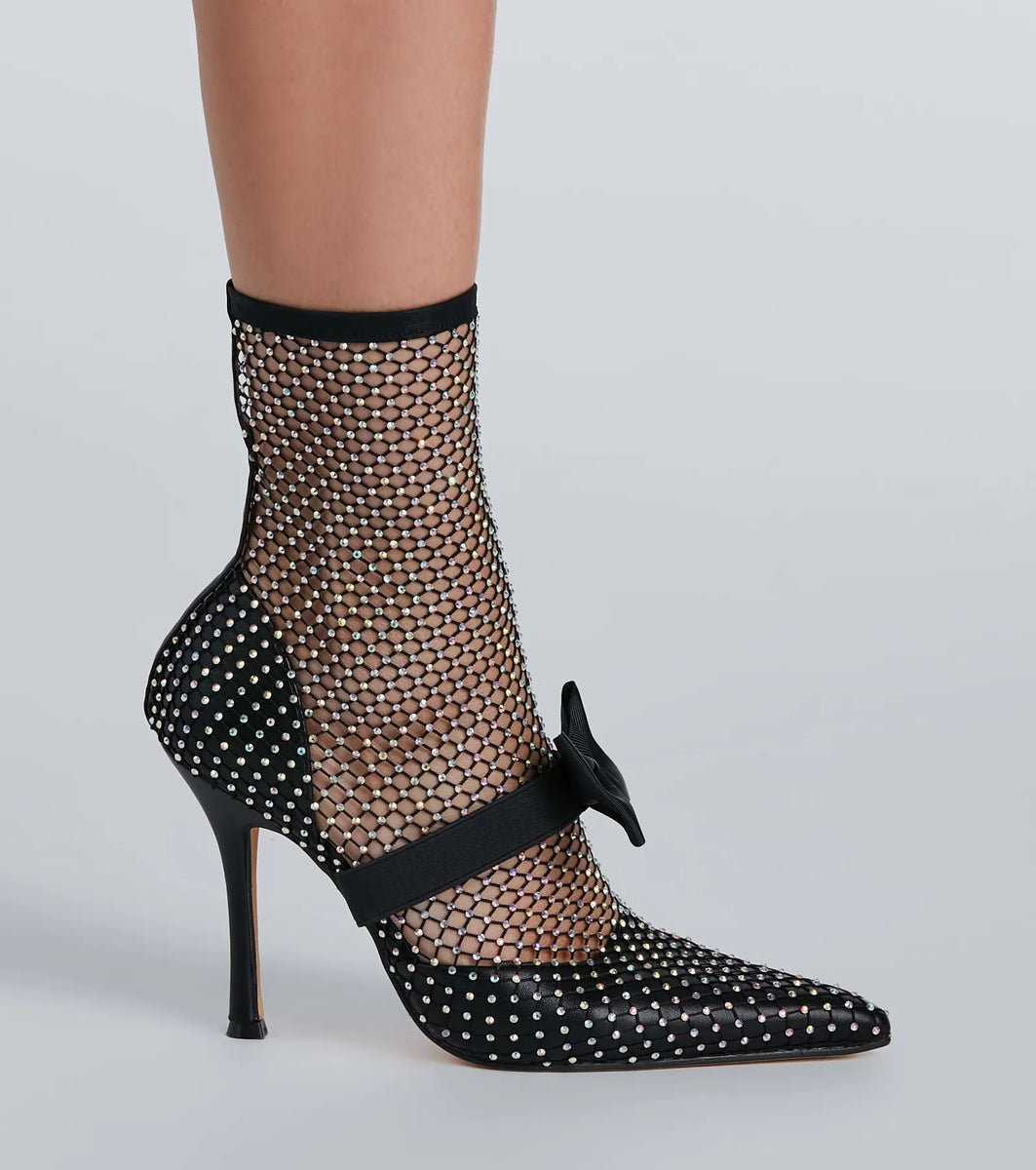 Model Strut Rhinestone Fishnet Stiletto Booties & Windsor