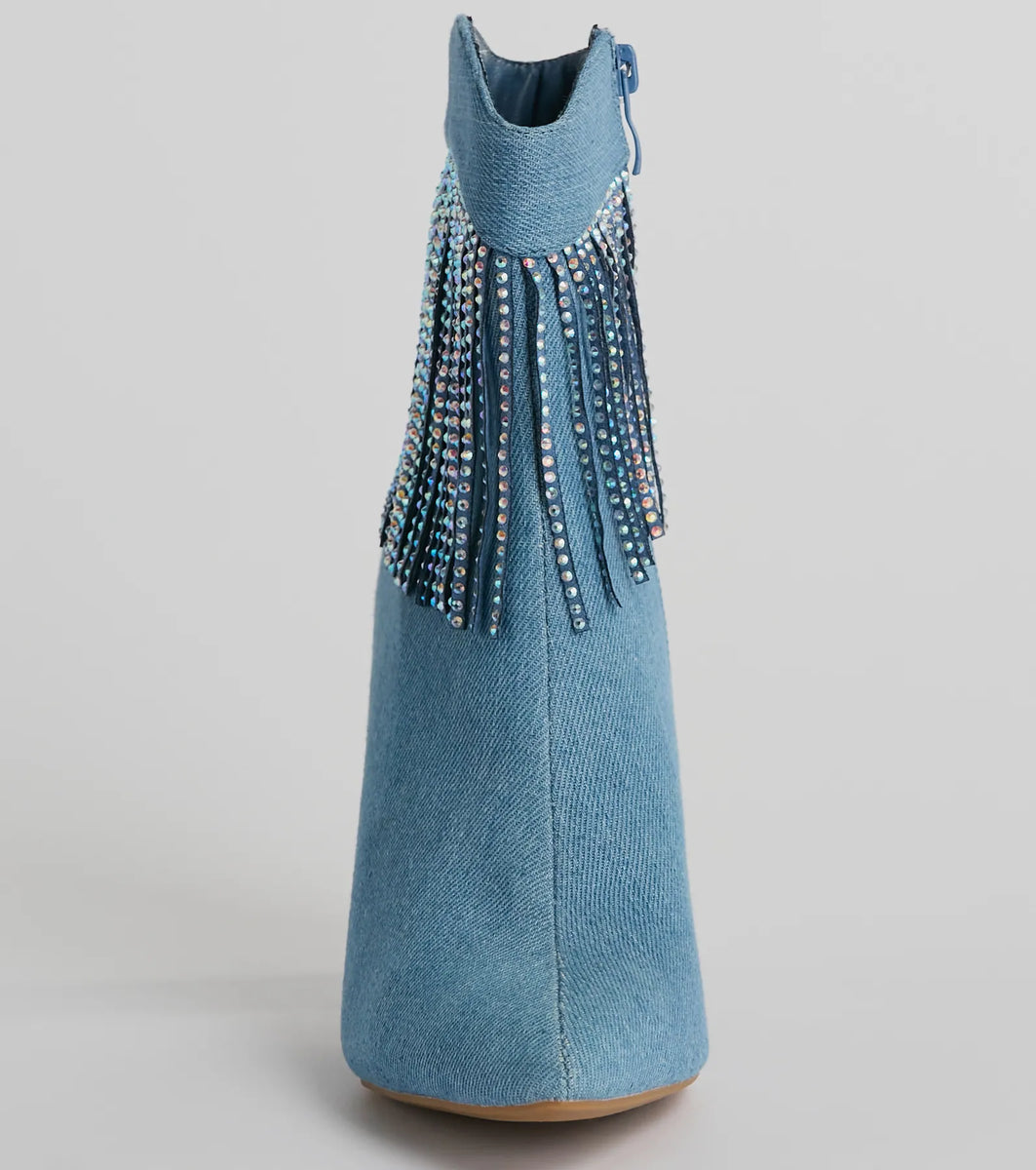 Glam Digs Rhinestone Fringe Western Denim Booties & Windsor