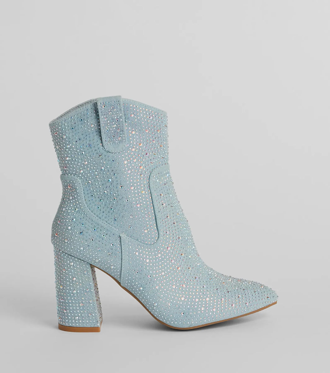 Country Star Glam Rhinestone Western Denim Booties & Windsor